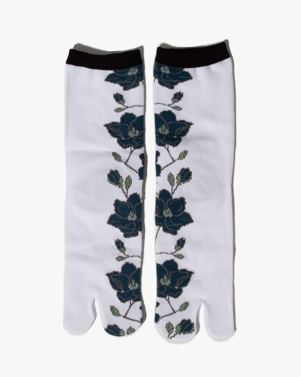 Wa Modern, Tabi Socks, Crew, White with Navy Magnolia (S/M) – Kiriko Made