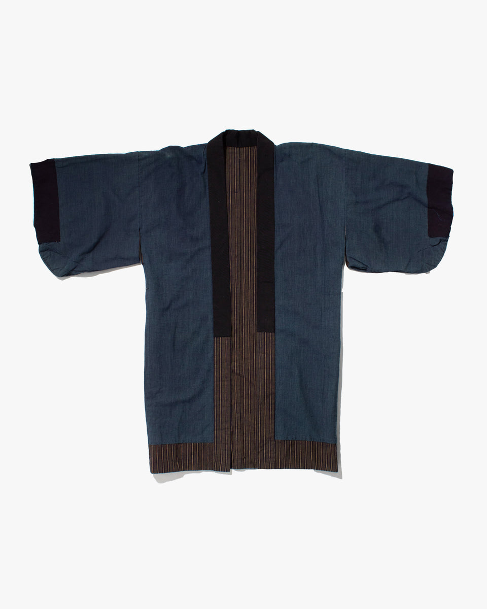 Vintage Noragi Jacket, Fully Sashiko Stitched, Indigo with Orange Stri ...