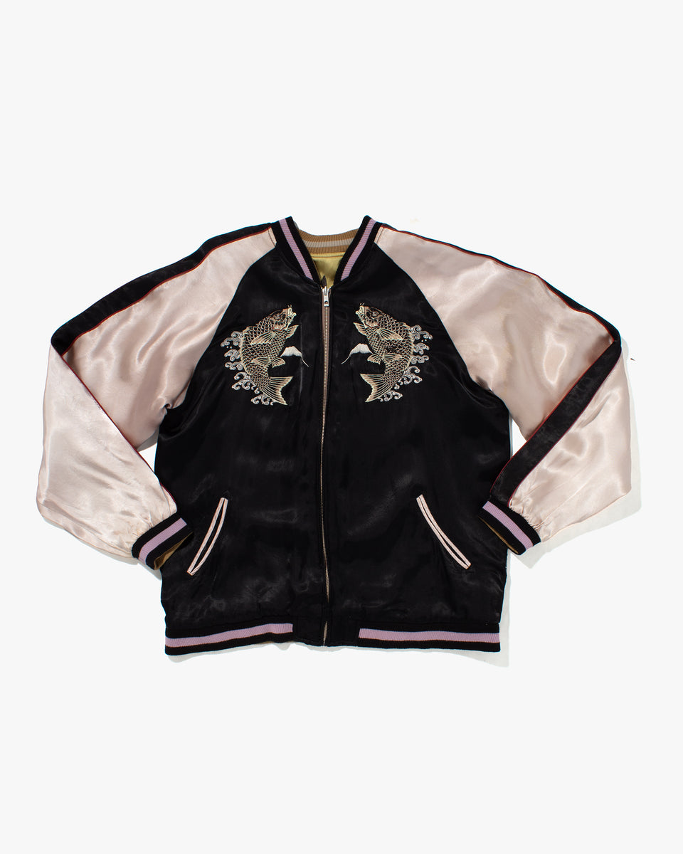 Japanese Repro Souvenir Jacket, Reversible, Black with Pink Carp Scene ...