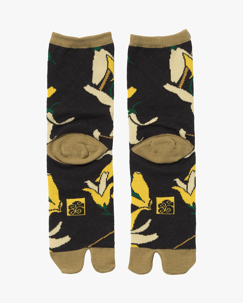 Wa Modern, Tabi Socks, Crew, Black with Yellow Flowers- S/M – Kiriko Made