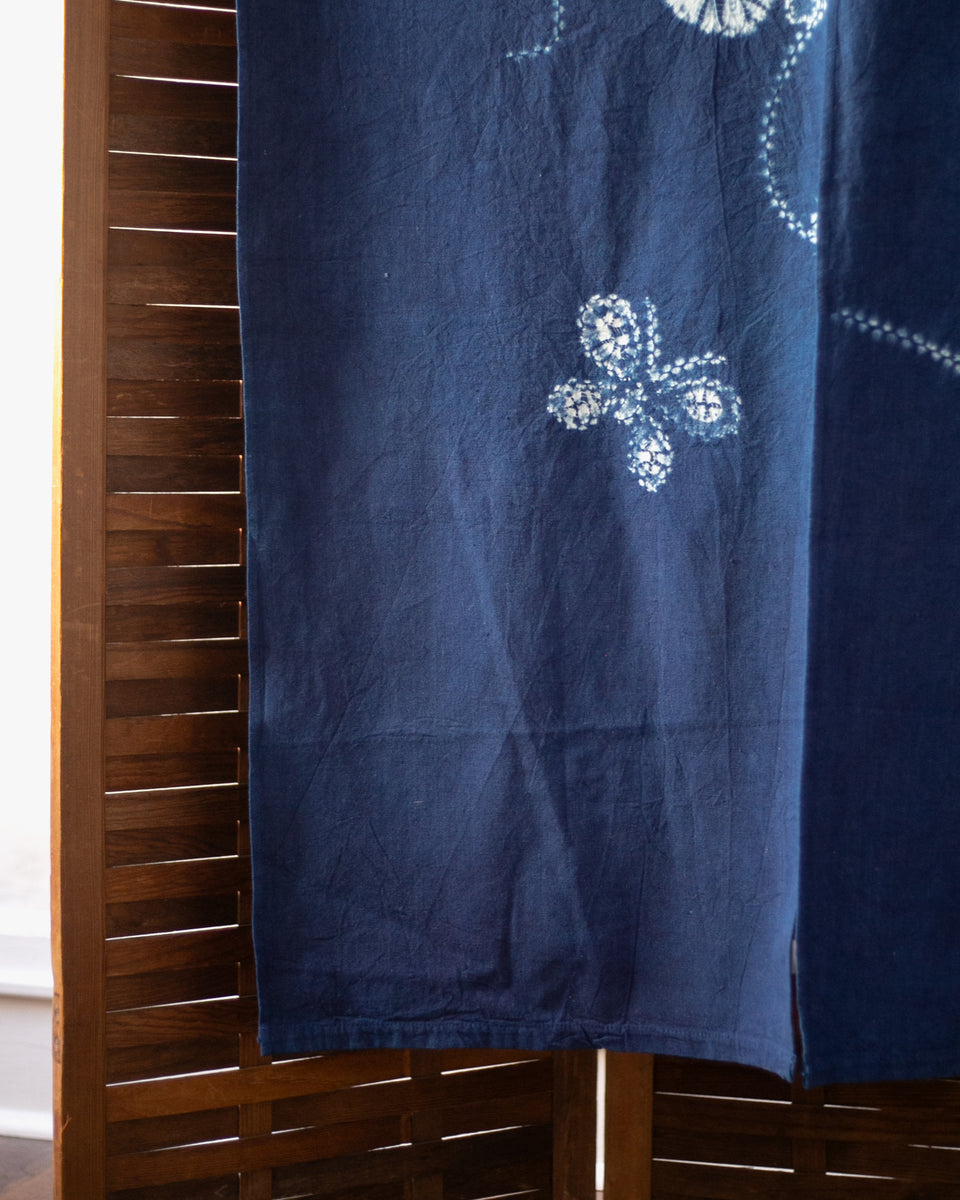 Vintage Noren, Indigo Shibori, Leaves and Butterflies – Kiriko Made