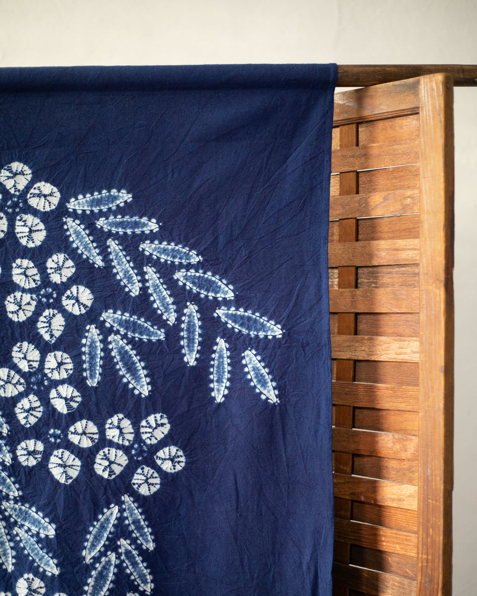 Vintage Noren, Indigo Shibori, Flowers and Butterflies – Kiriko Made