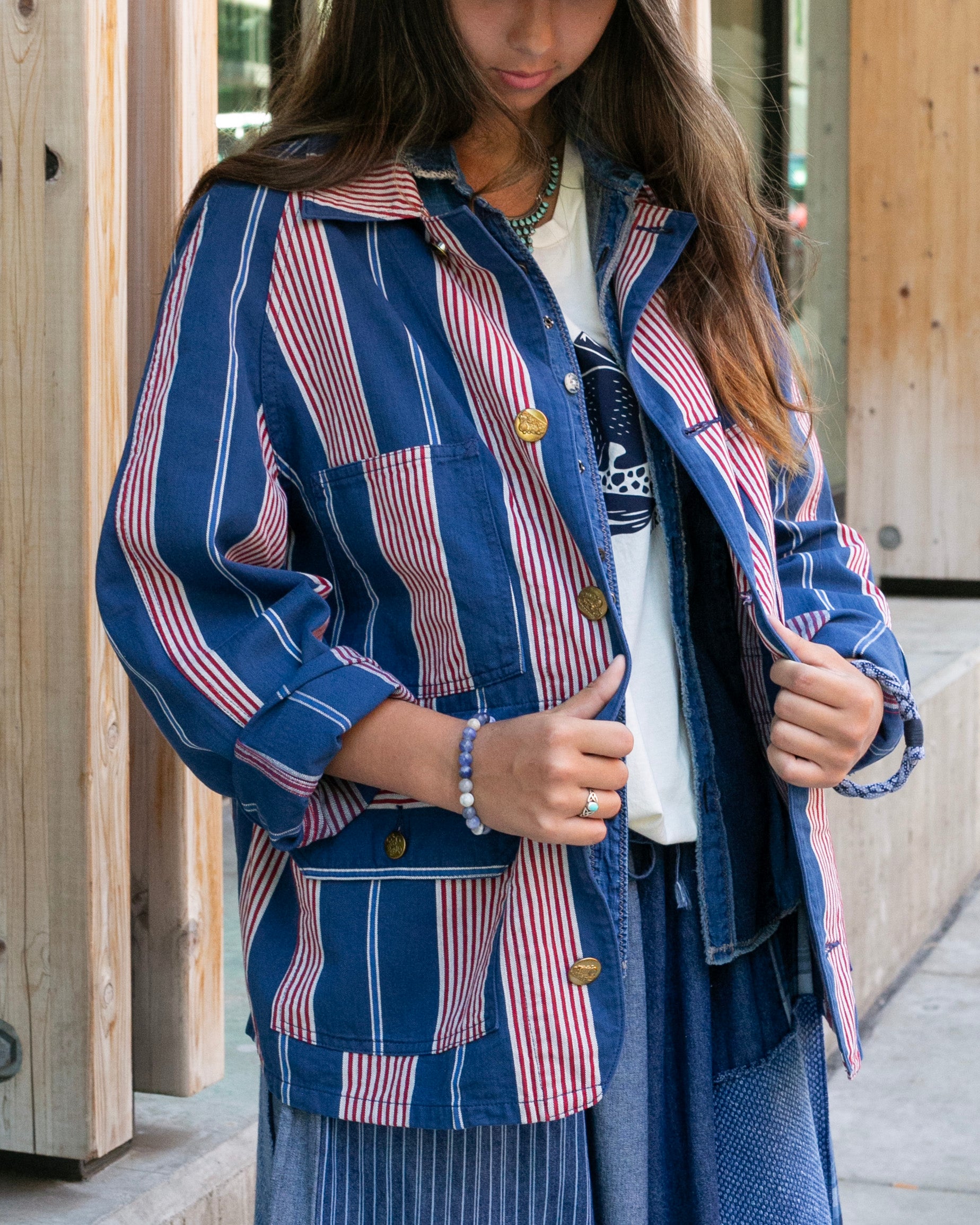 Japanese Repro Denim Chore Coat, L, Sugar Cane, Red, White, and Blue S ...
