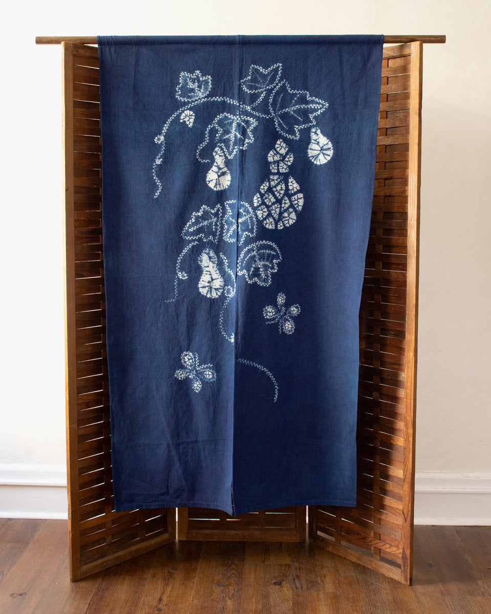 Vintage Noren, Indigo Shibori, Leaves and Butterflies – Kiriko Made