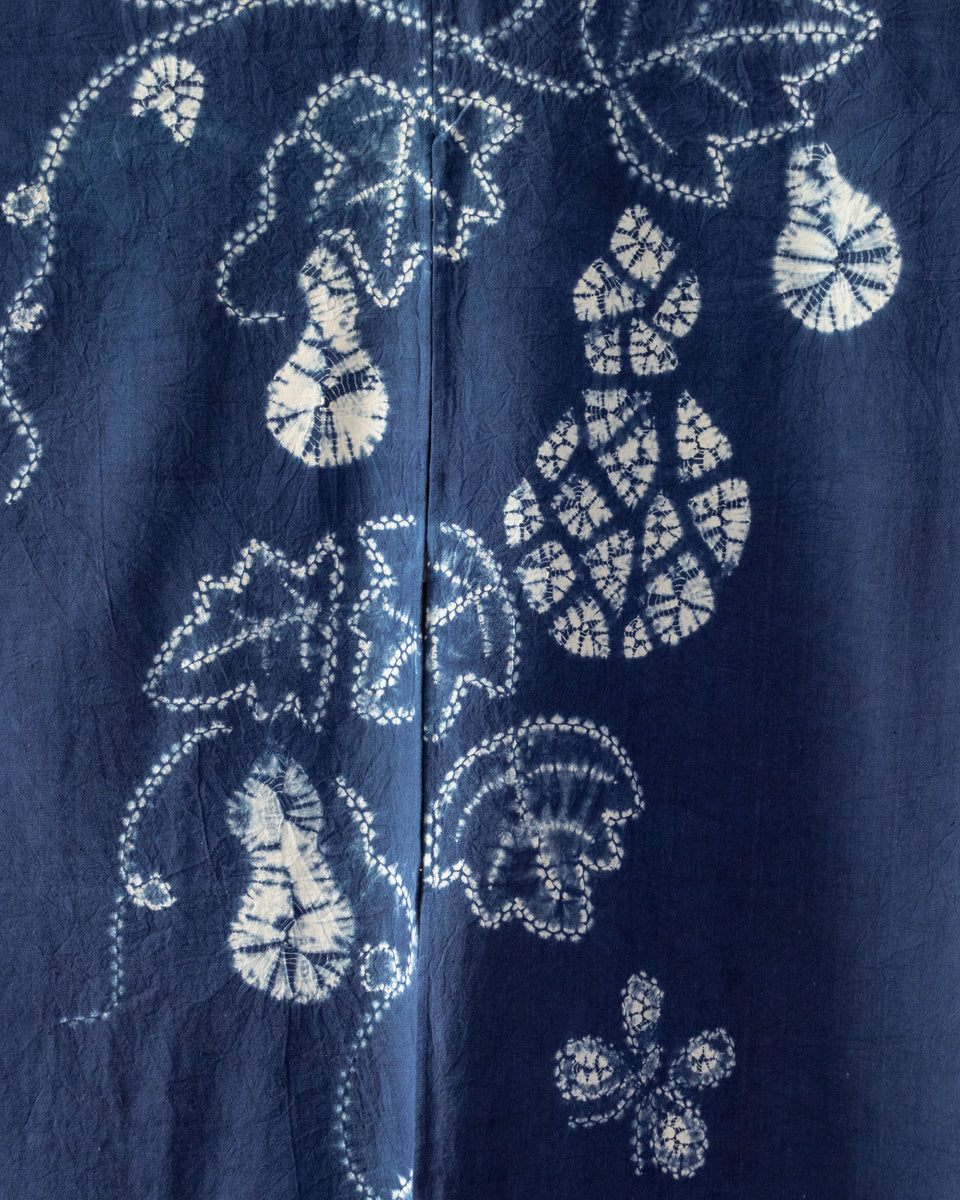 Vintage Noren, Indigo Shibori, Leaves and Butterflies – Kiriko Made
