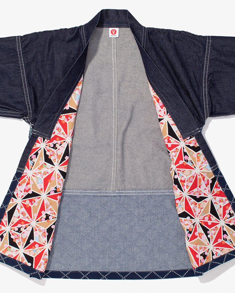 Modern Happi Jacket, Sashiko, Dark Indigo Denim with Multi-Color Asano ...