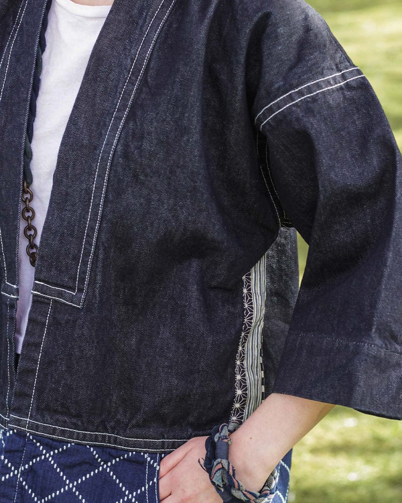 Modern Happi Jacket, Sashiko, Dark Indigo Denim with Multi-Color Asano ...