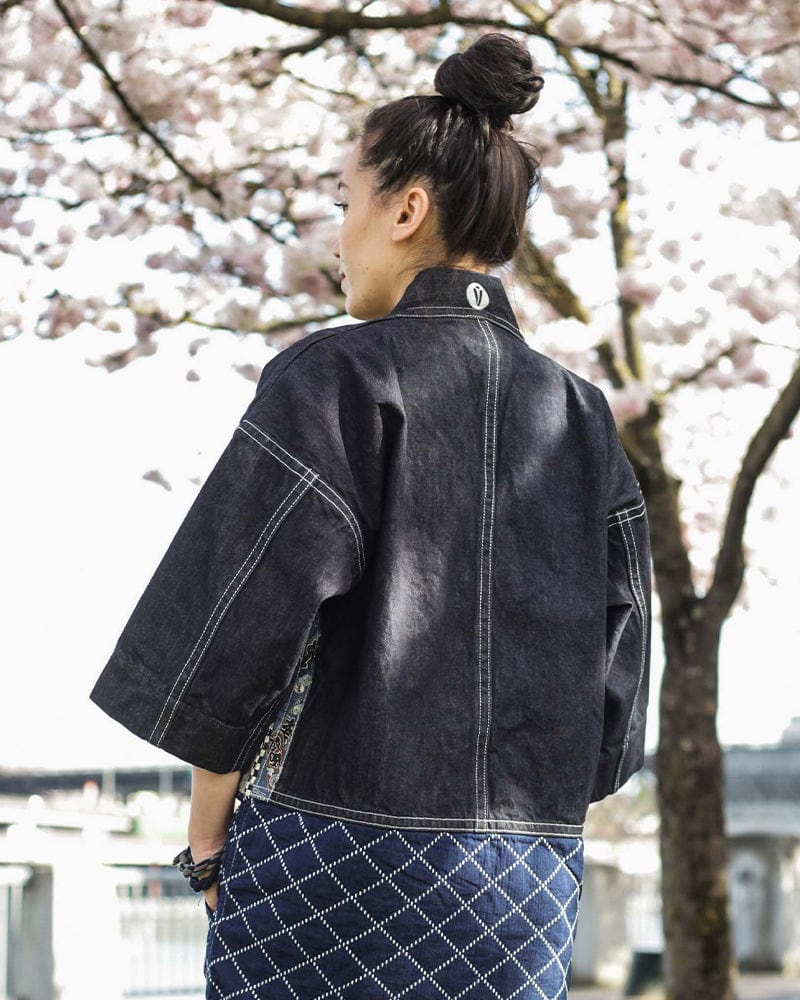 Modern Happi Jacket, Sashiko, Dark Indigo Denim with Multi-Color Asano ...